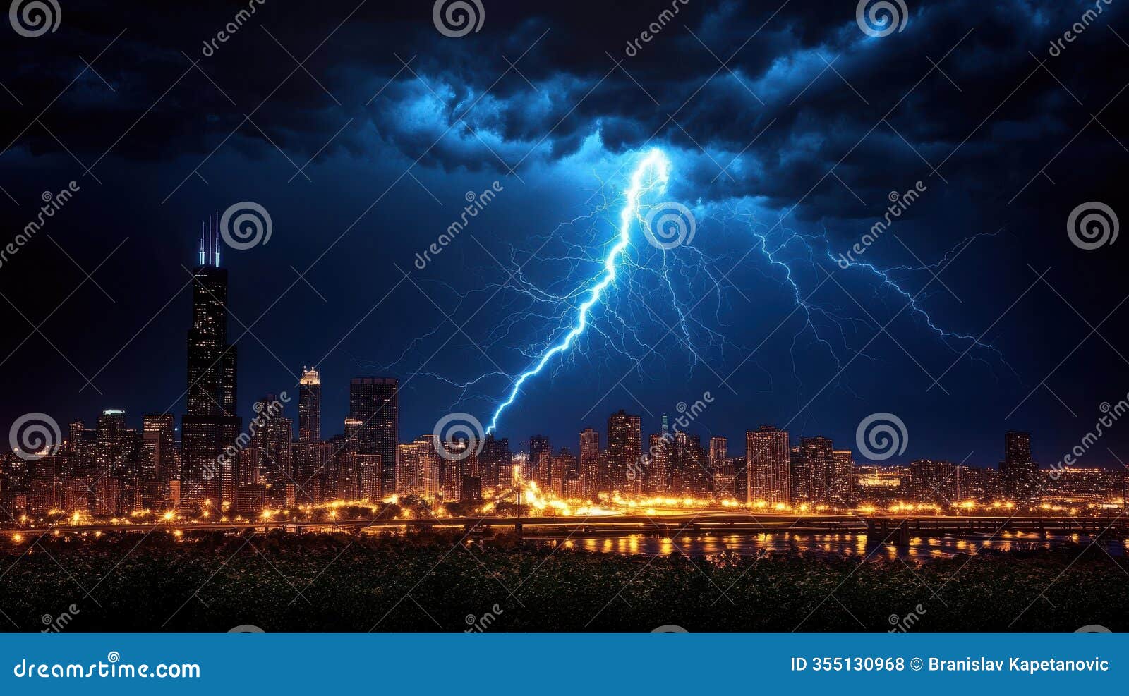 Lightning Striking Chicago Skyline at Night during Thunderstorm Stock ...