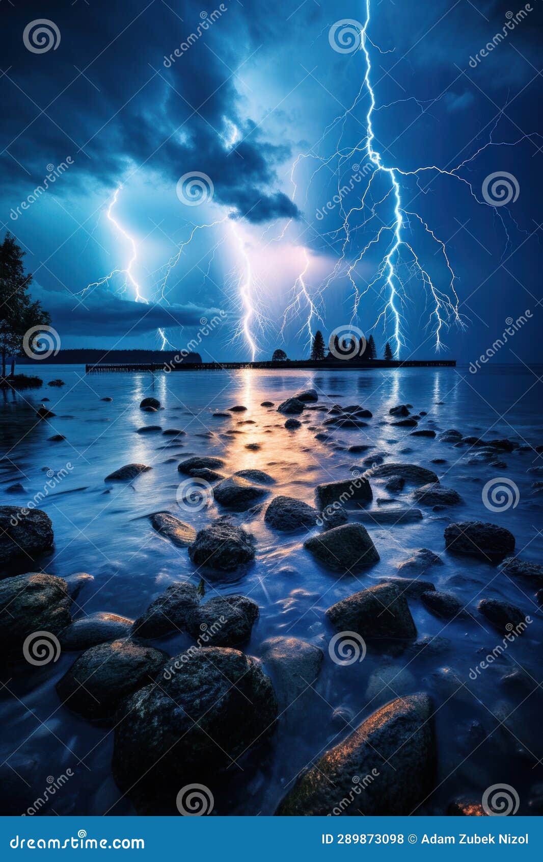 Lightning Striking Over Water Stock Illustration - Illustration of ...