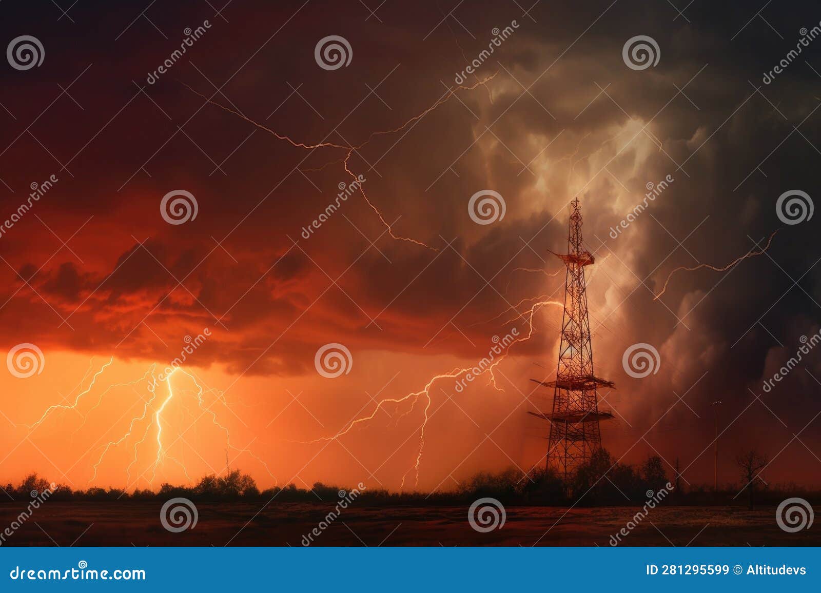 Lightning Striking a Radio Tower in the Distance Stock Illustration ...
