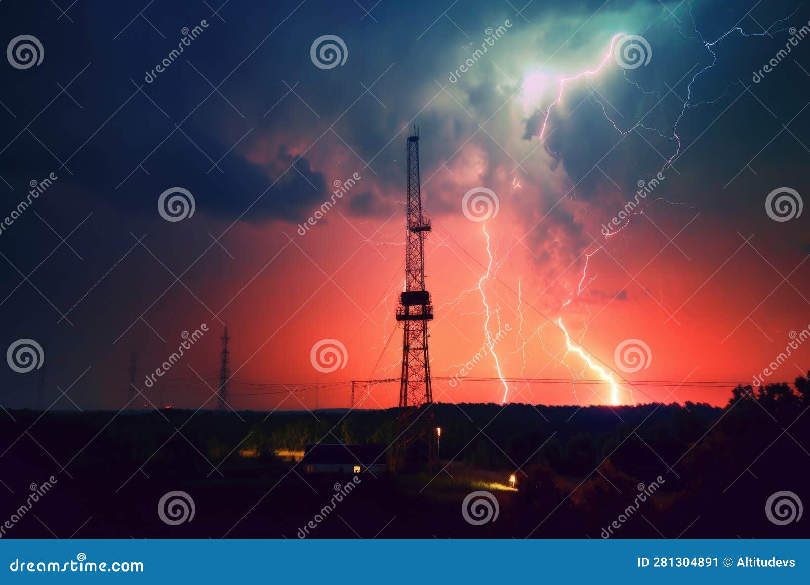 Lightning Striking a Radio Tower in the Distance Stock Illustration ...