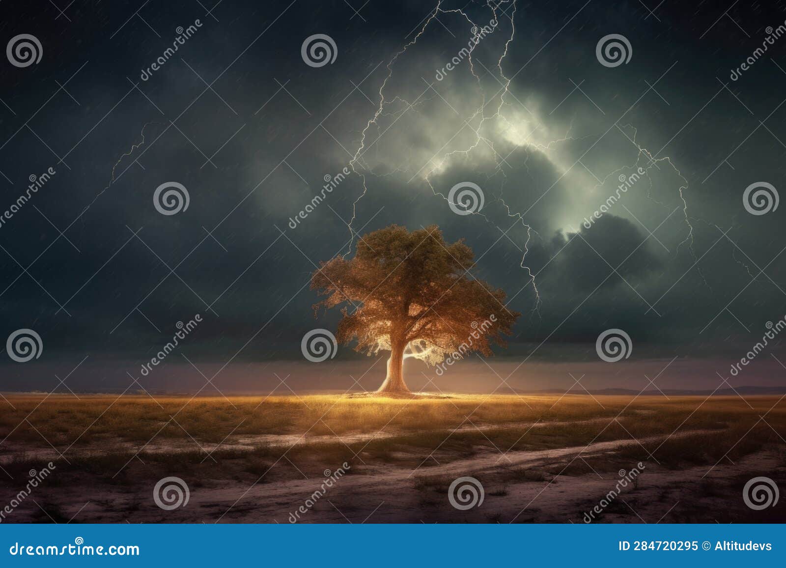 Lightning Striking a Solitary Tree in a Storm Stock Image - Image of ...