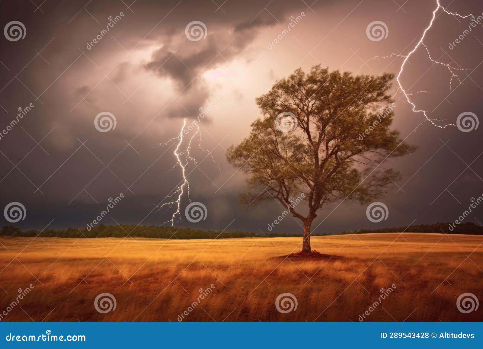 Lightning Striking a Solitary Tree in a Storm Stock Photo - Image of ...