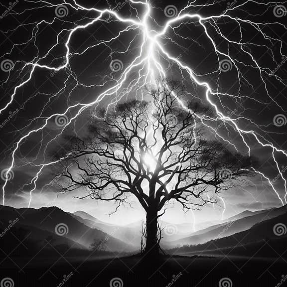 Lightning Striking Tree Dynamic Lines Stark Contrast for Dramati Stock ...