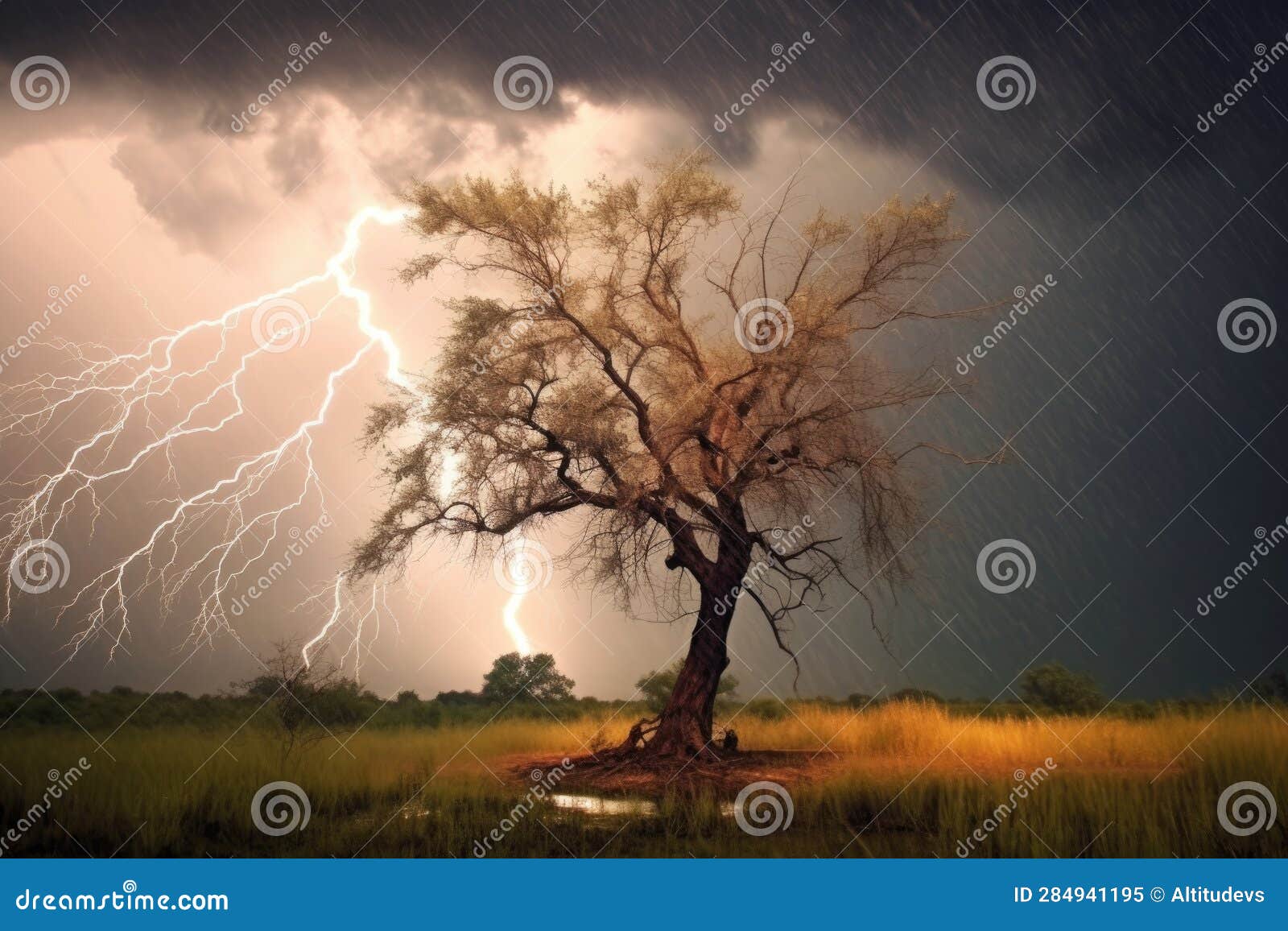 Lightning Striking a Tree in a Storm Stock Illustration - Illustration ...