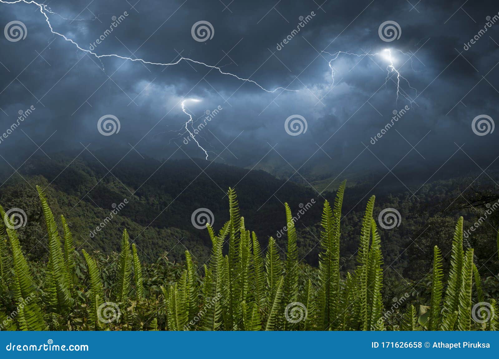 Lightning and Thunder Storm Over the Mountains in Monsoon Season Stock ...