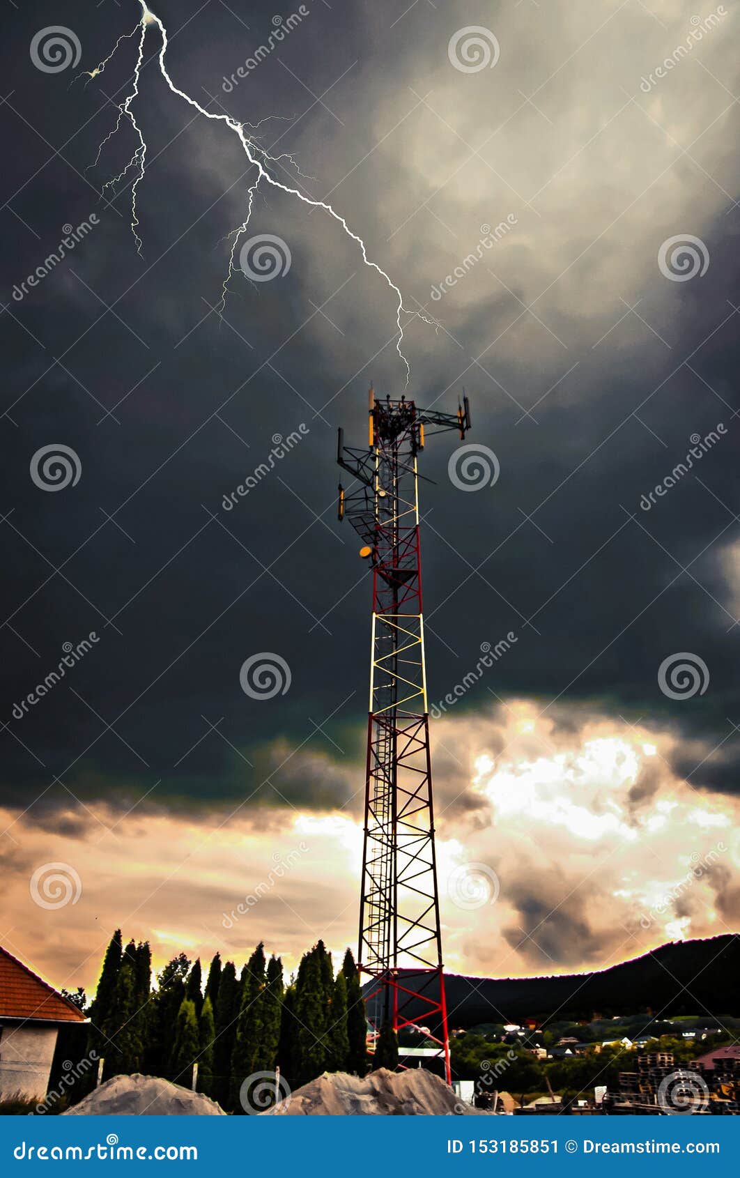 Lightning and the tower stock image. Image of tower - 153185851