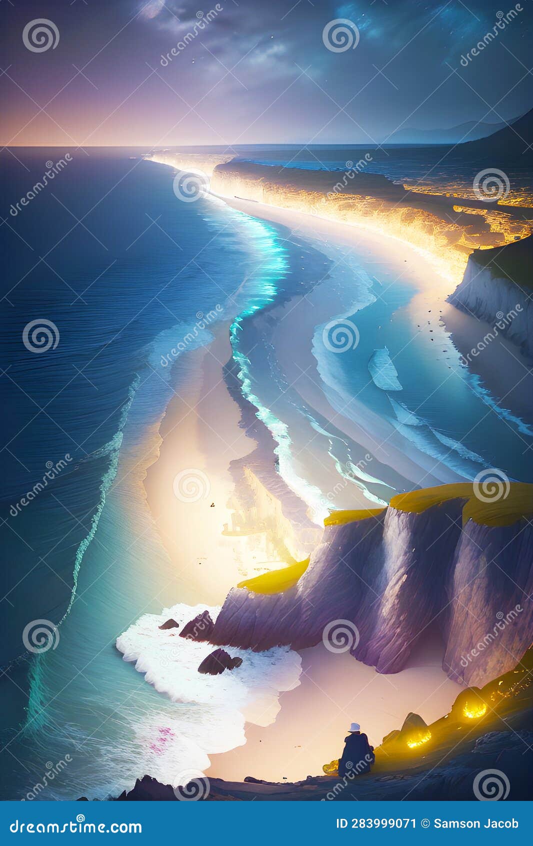 Lights at the Beach with Mountain Cliffs at Twlight Generative Ai Stock ...