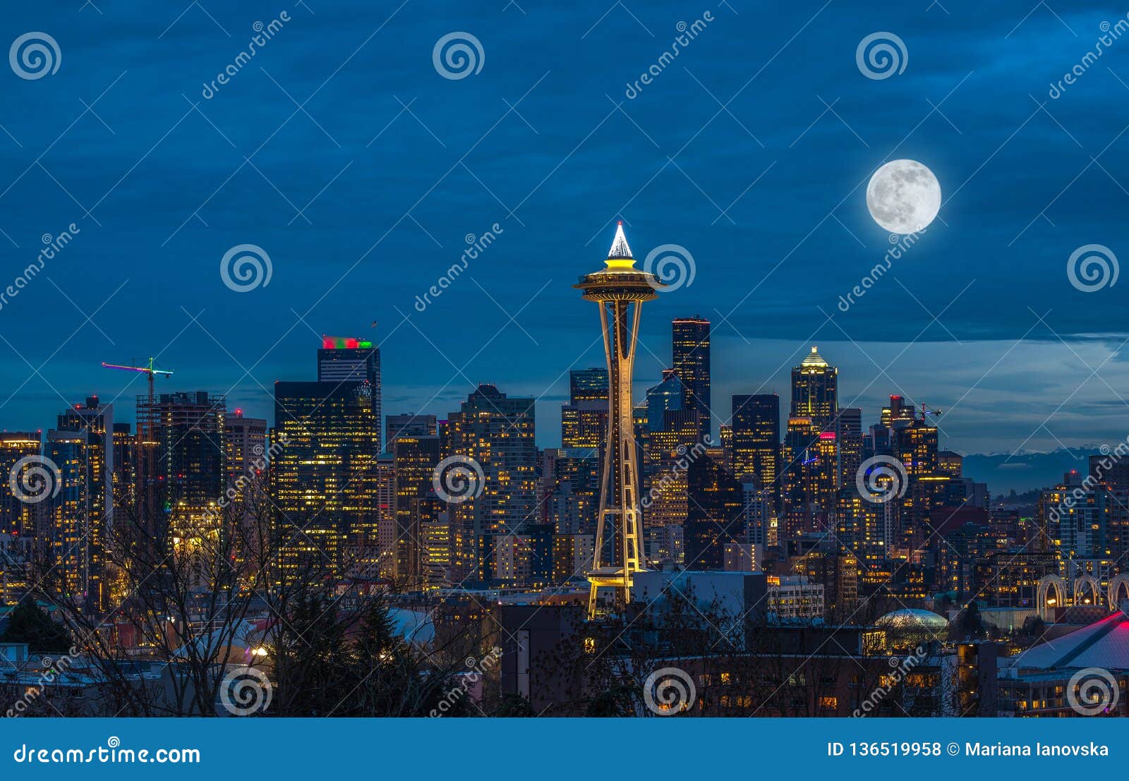 The Lights Come on in Seattle with a Full Moon Stock Photo - Image of ...