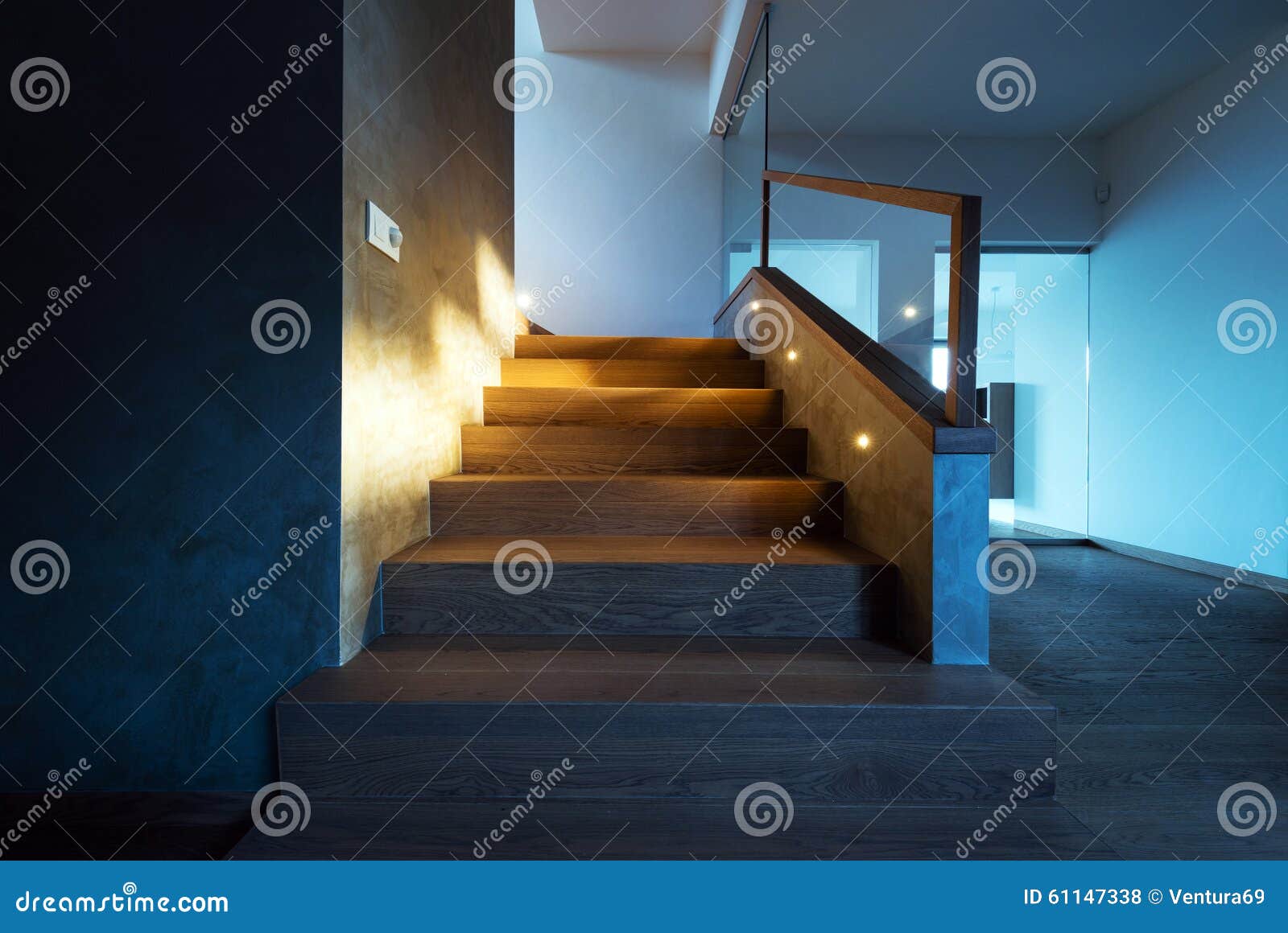 Lights Illuminating the Stairway in Modern House Interior Stock Photo ...