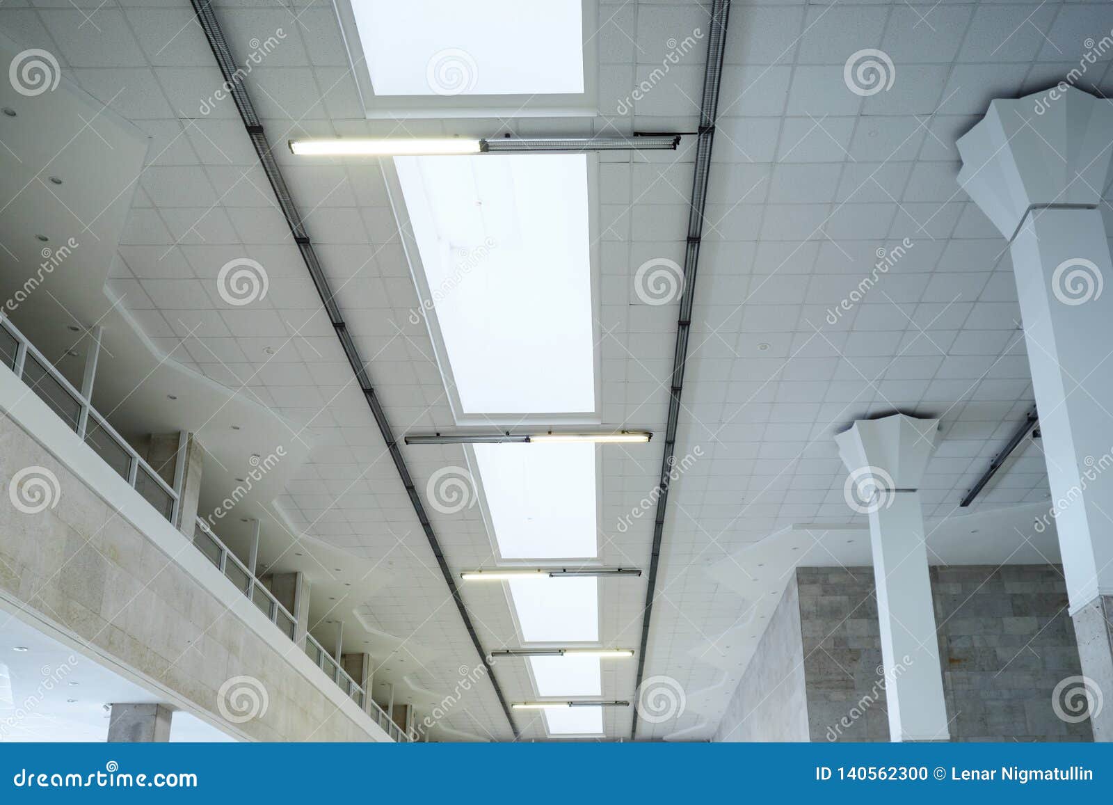 Lights in Long Line on Ceiling of the Office Industrial Building ...