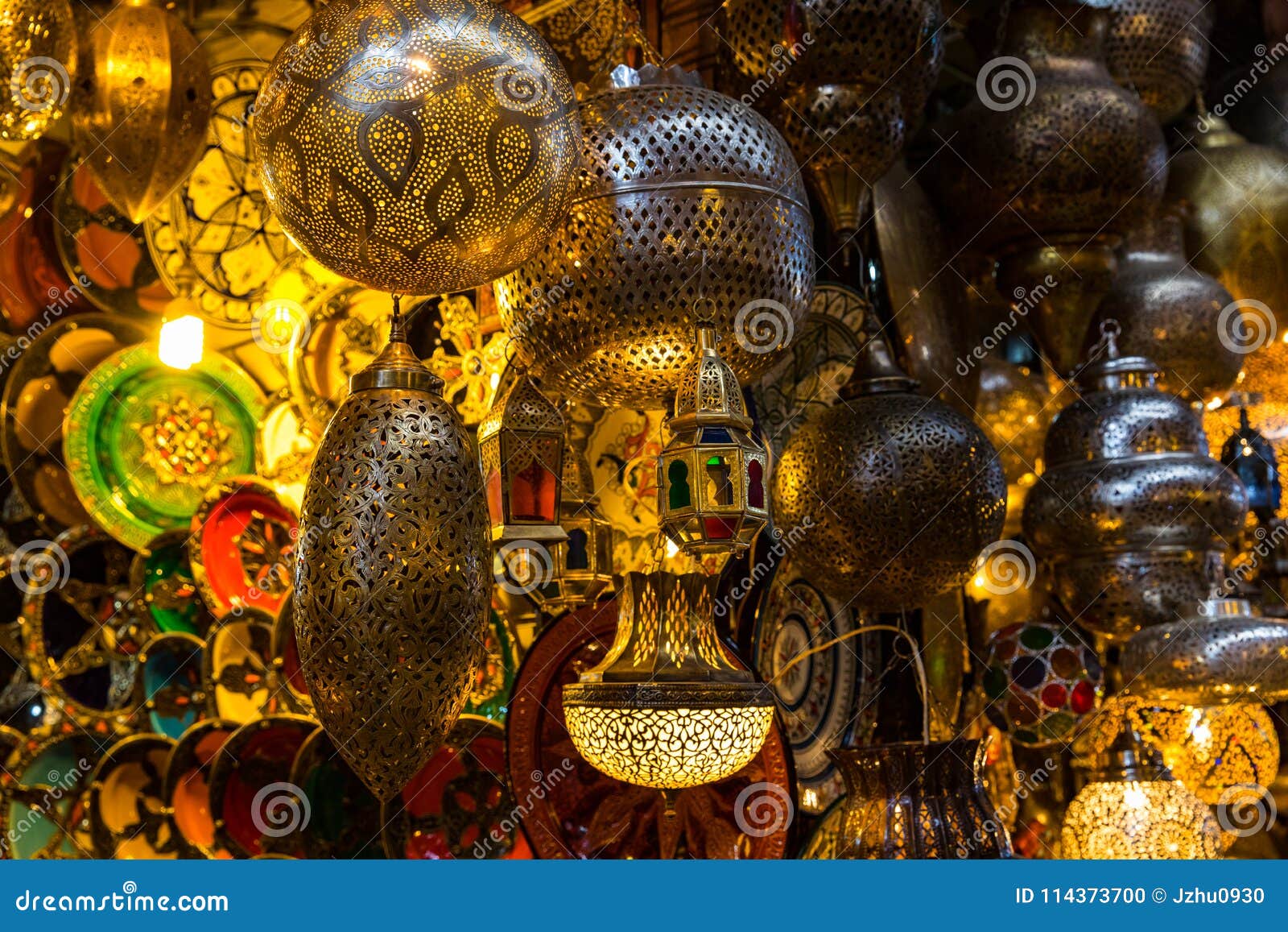 Lights at Marrakesh Medina stock photo. Image of landmark - 114373700