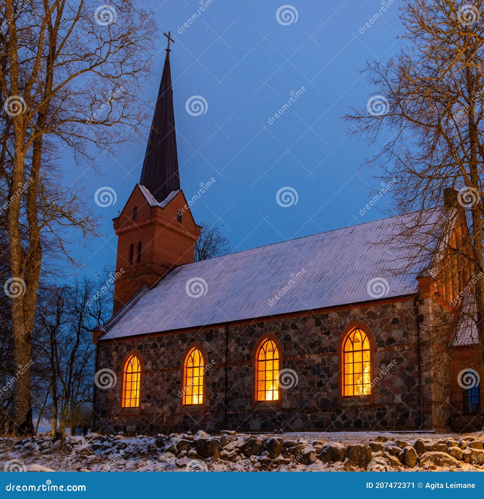 Lights on Old Church Windows . Stock Image - Image of outdoor, cross ...