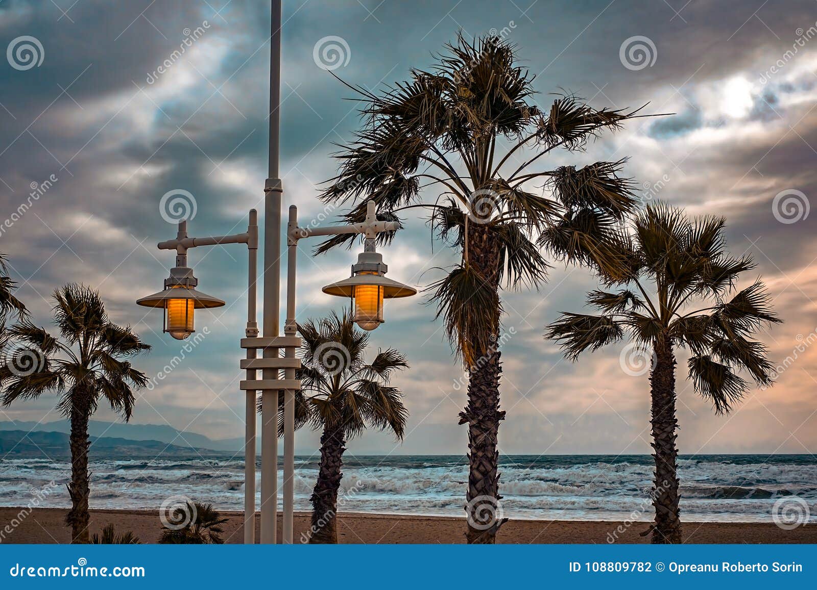 Lights pole on the beach stock photo. Image of palms - 108809782