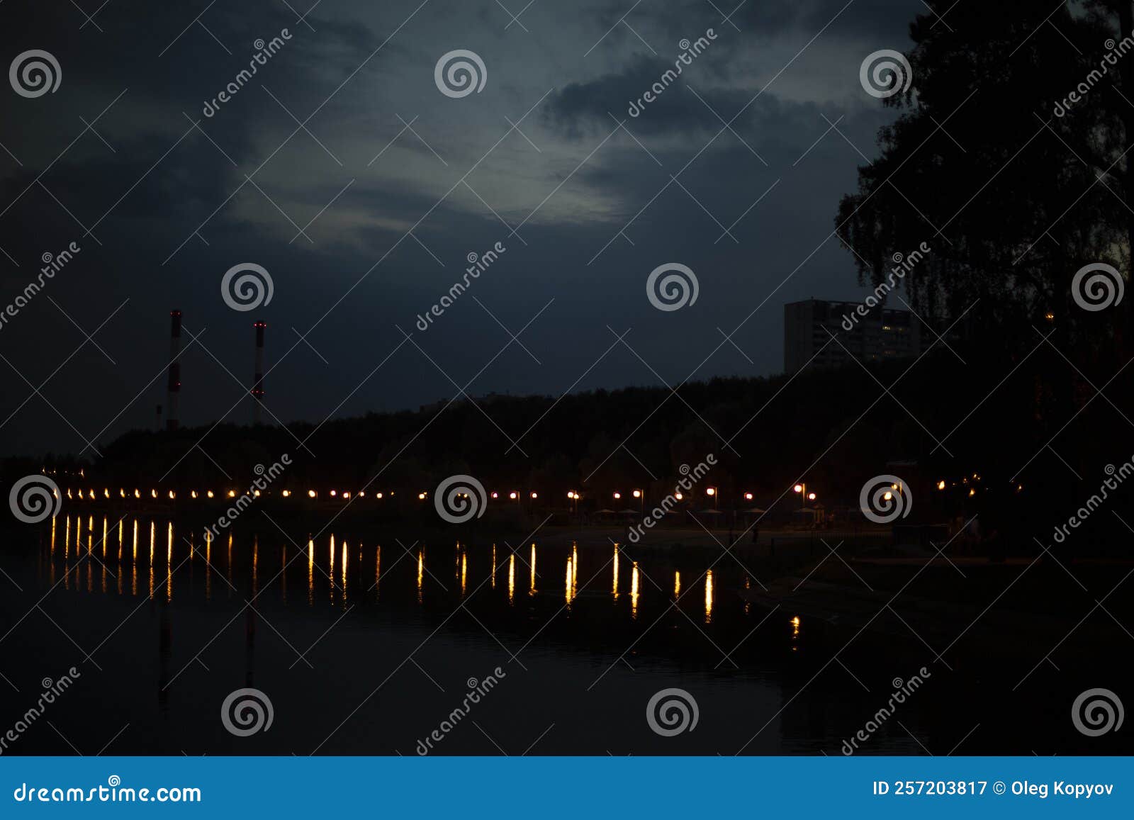 Lights on Waterfront. Lake at Night in Park Stock Image - Image of ...