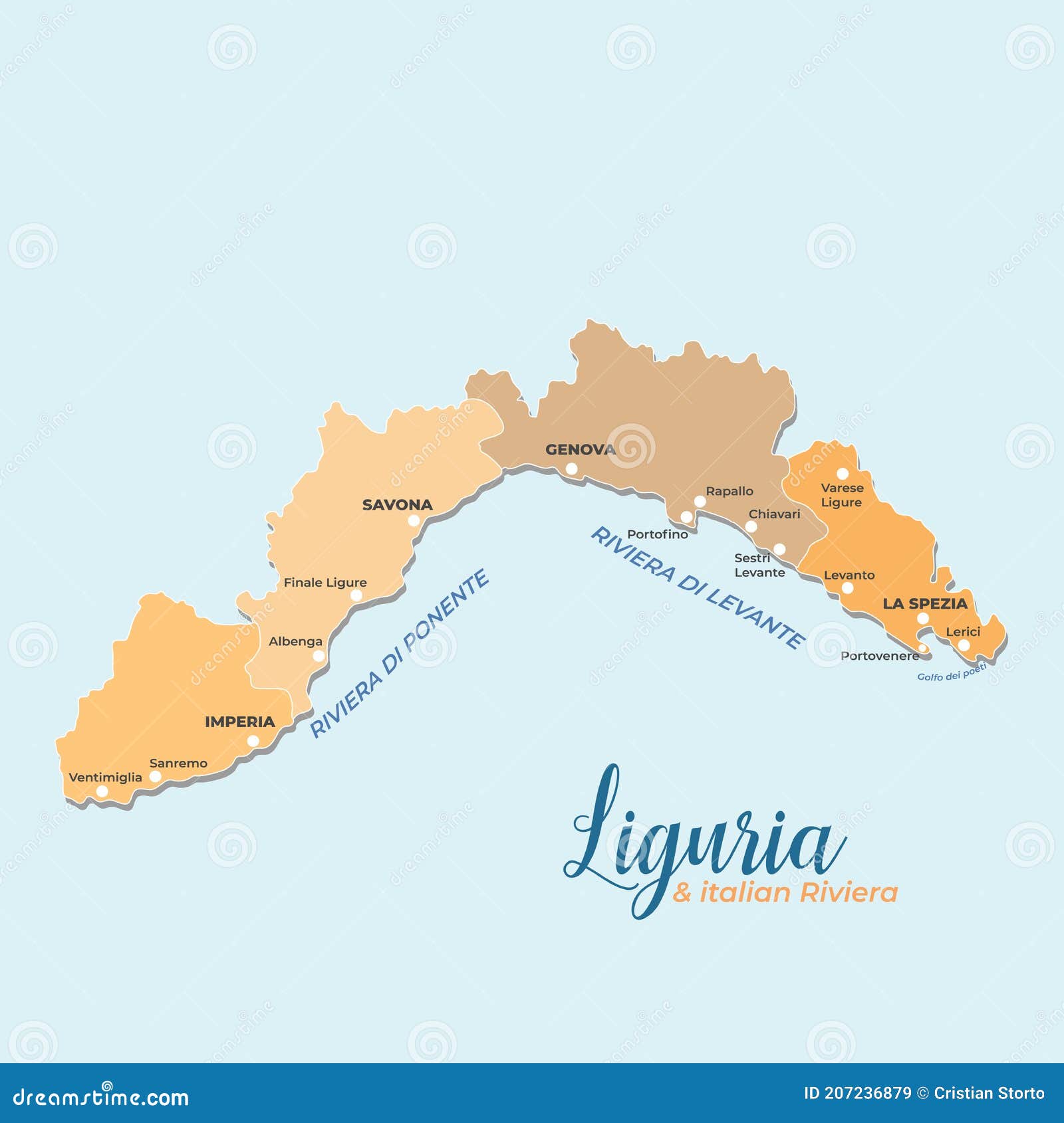 Liguria Vector Map Divided Into Provinces With Major Cities ...