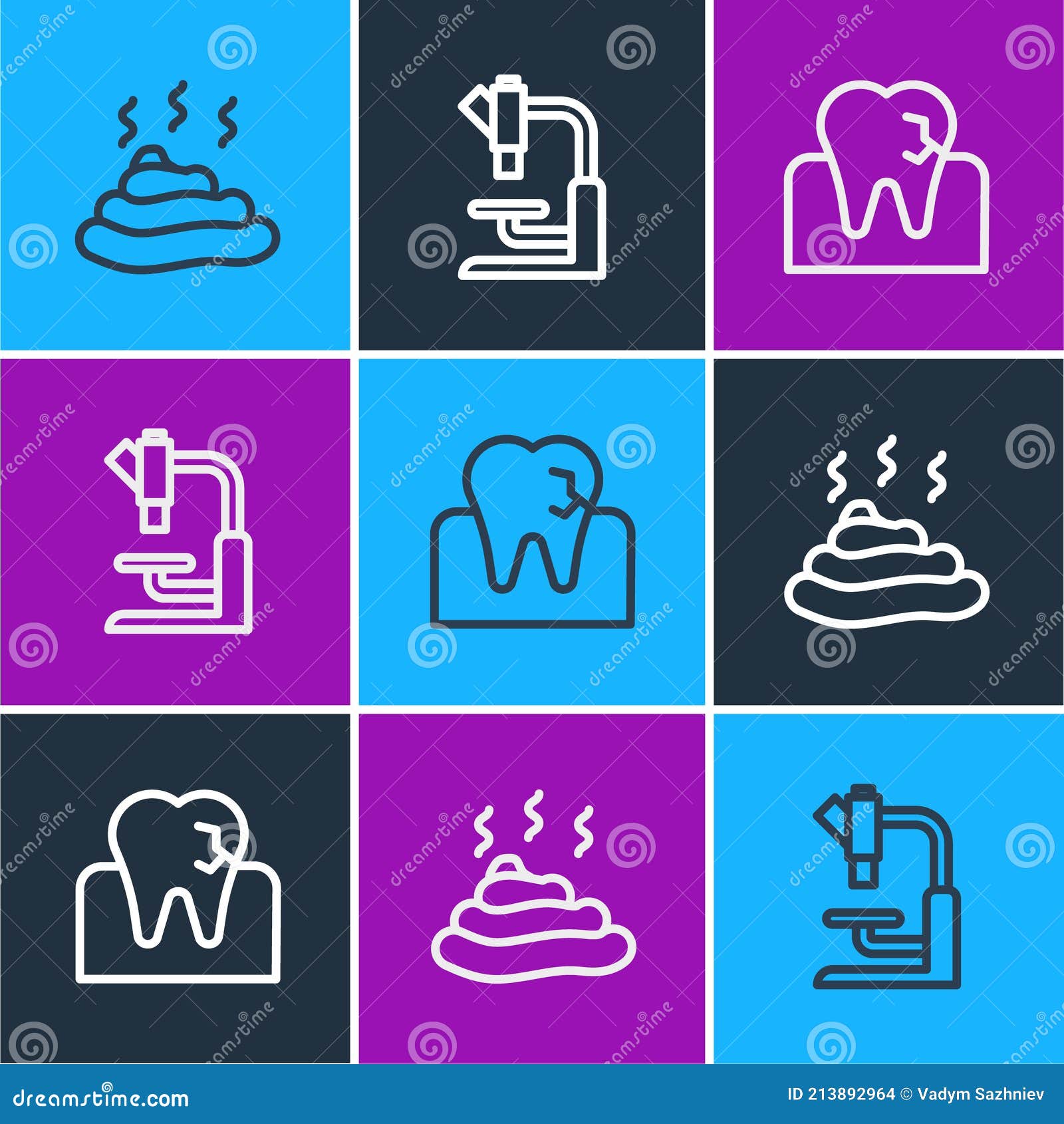 Lijnstront-tand Instellen Met Getallen En Microscooppictogram. Vector ...