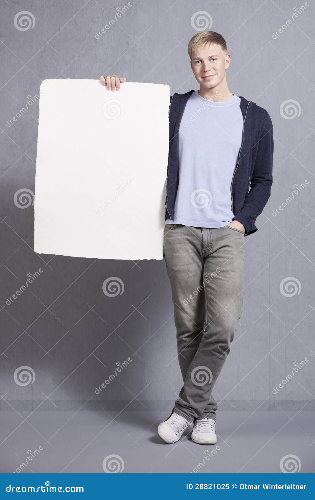 Likable Man Presenting White Empty Signboard. Stock Image - Image of ...