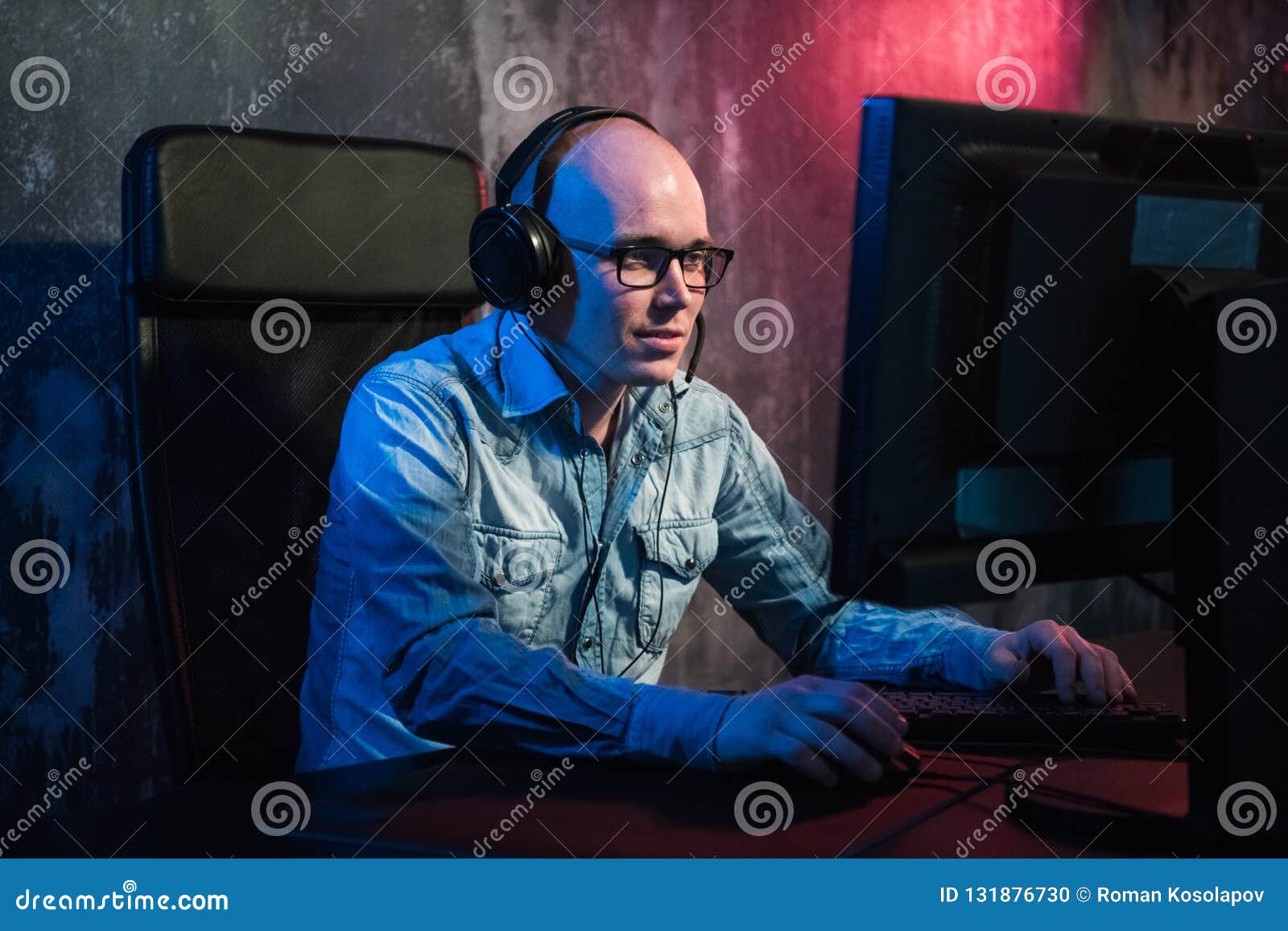 He Like Play and Win Video Games. in Blue Light of Display Emotional ...