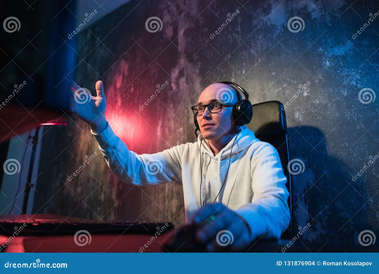 He Like Play and Win Video Games. in Blue Light of Display Emotional ...