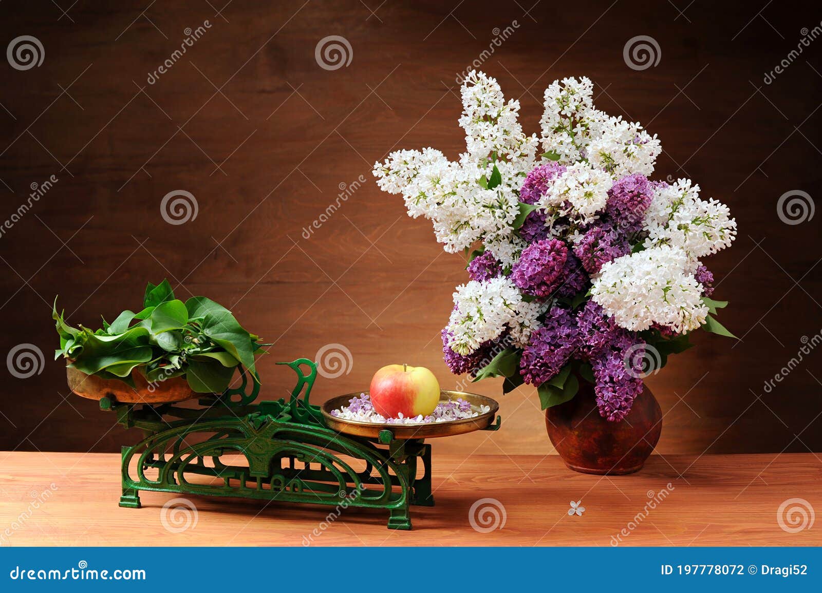 Lilac in a Ceramic Vase and a Scale on the Table Stock Photo - Image of ...