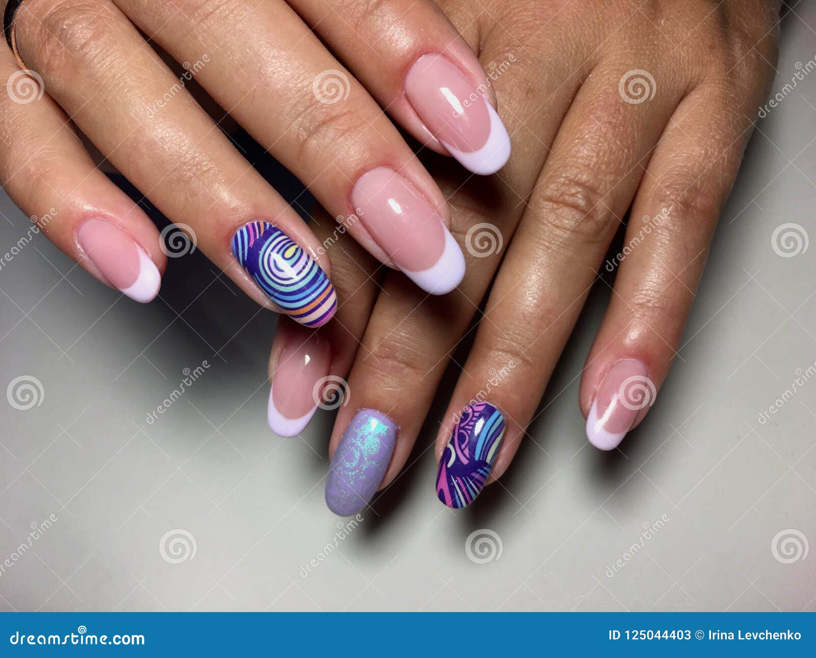 Lilac French Manicure with Abstraction Stock Image - Image of girl ...