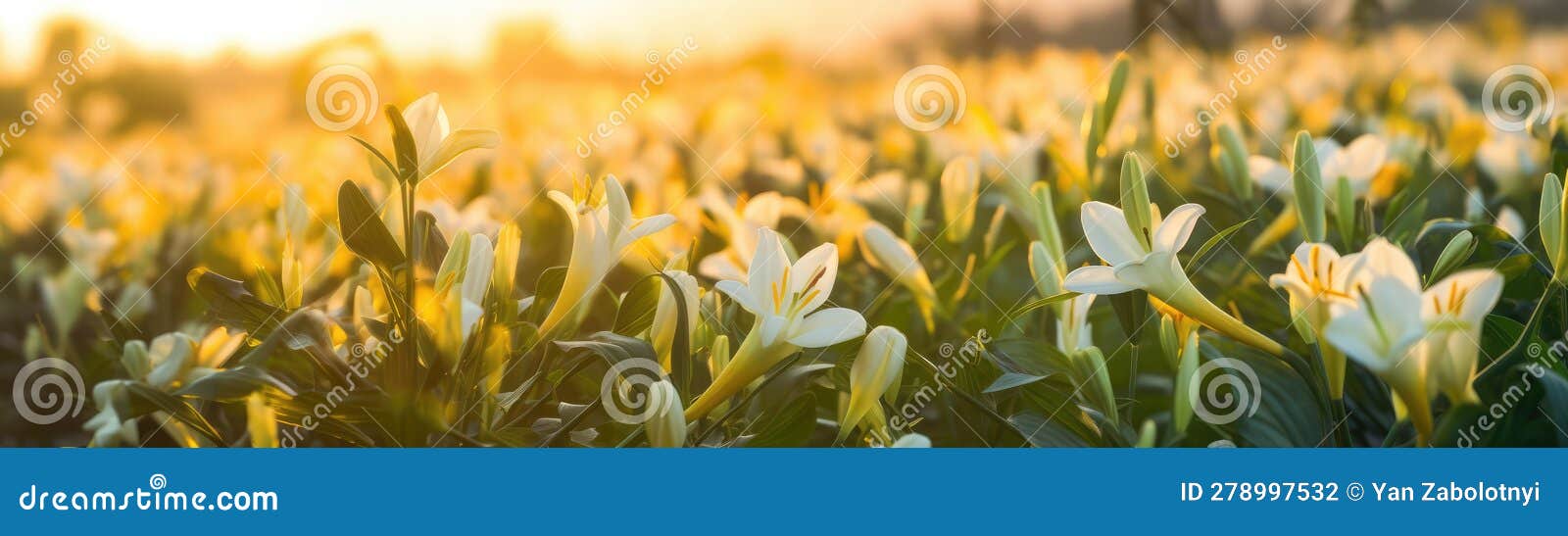 Lilies Field on Blurred Sunrise Background. Banner for Web. Generative ...
