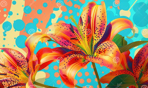 Lilies in Pop Art Style, Bright Colors, Dotted Patterns Stock Photo ...