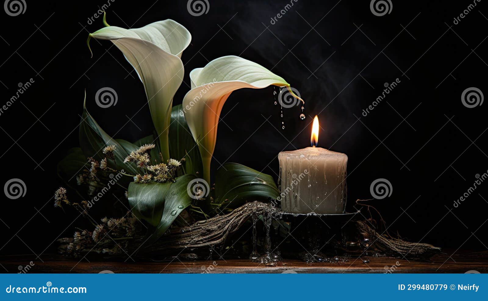 Lilly and Burning Candels in Darkness Stock Image - Image of black ...