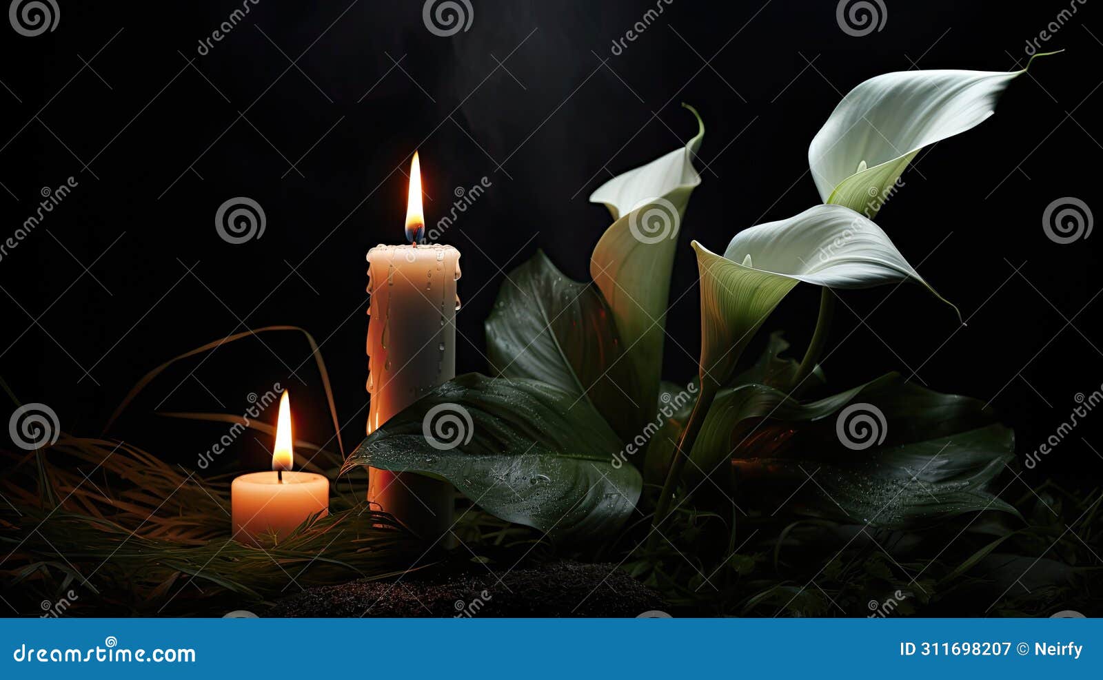 Lilly and Burning Candels in Darkness Stock Image - Image of burning ...
