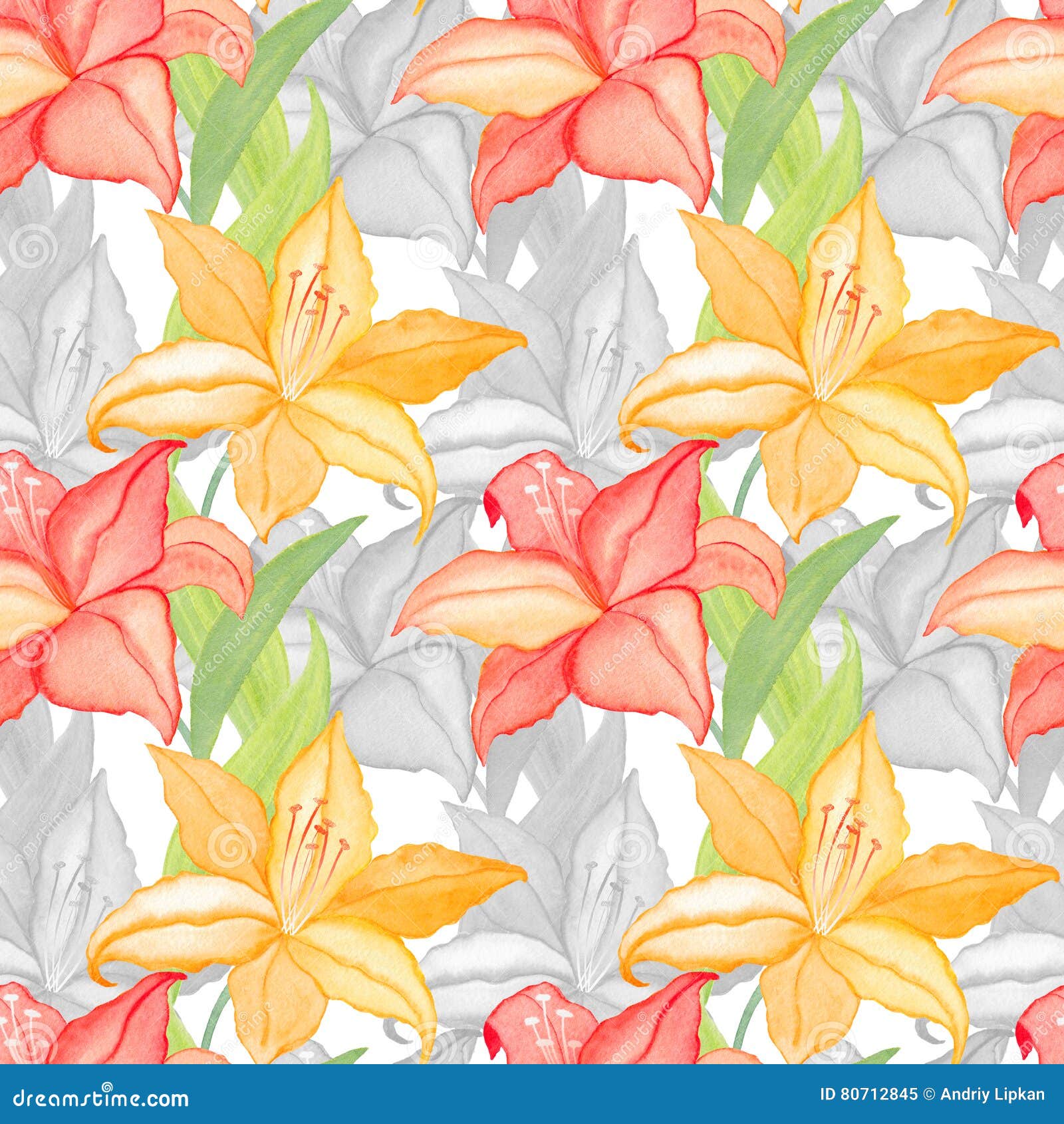 Lilly Flowers Nature and Leaves Watercolor Seamless Pattern Background ...