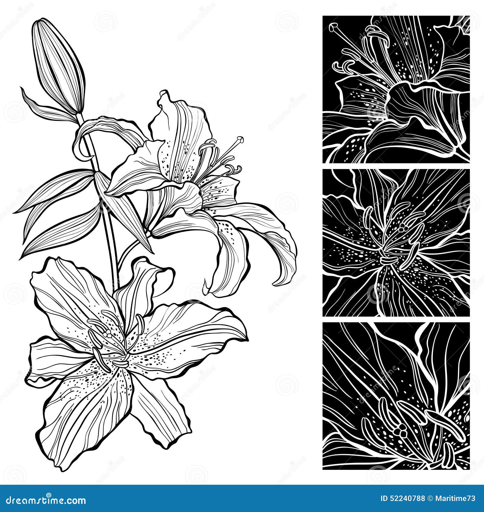 Lily. Black Silhouette Of A Large Lily Flower With Leaves And Stalk ...