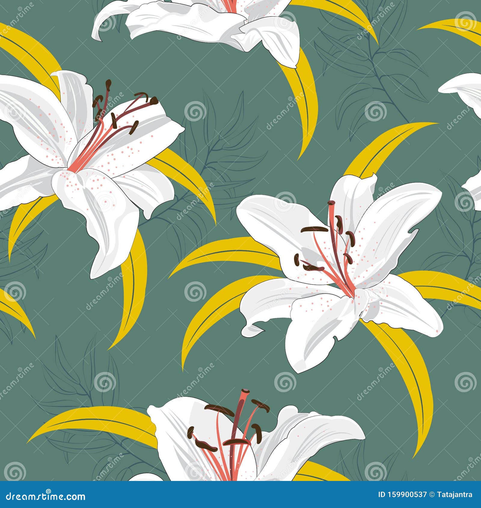 Lily Flower Seamless Pattern on Green Background, White Lily Floral ...