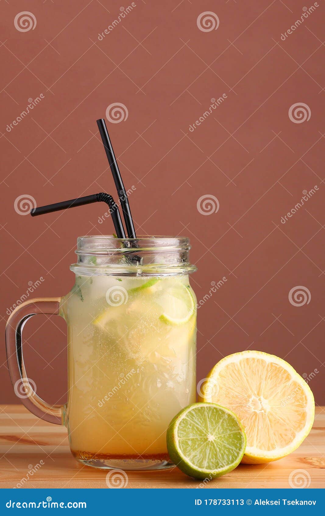 Lime And Lemon Cocktail Non Alcoholic Citrus Summer Drinks With Citrus On Wooden Table Stock