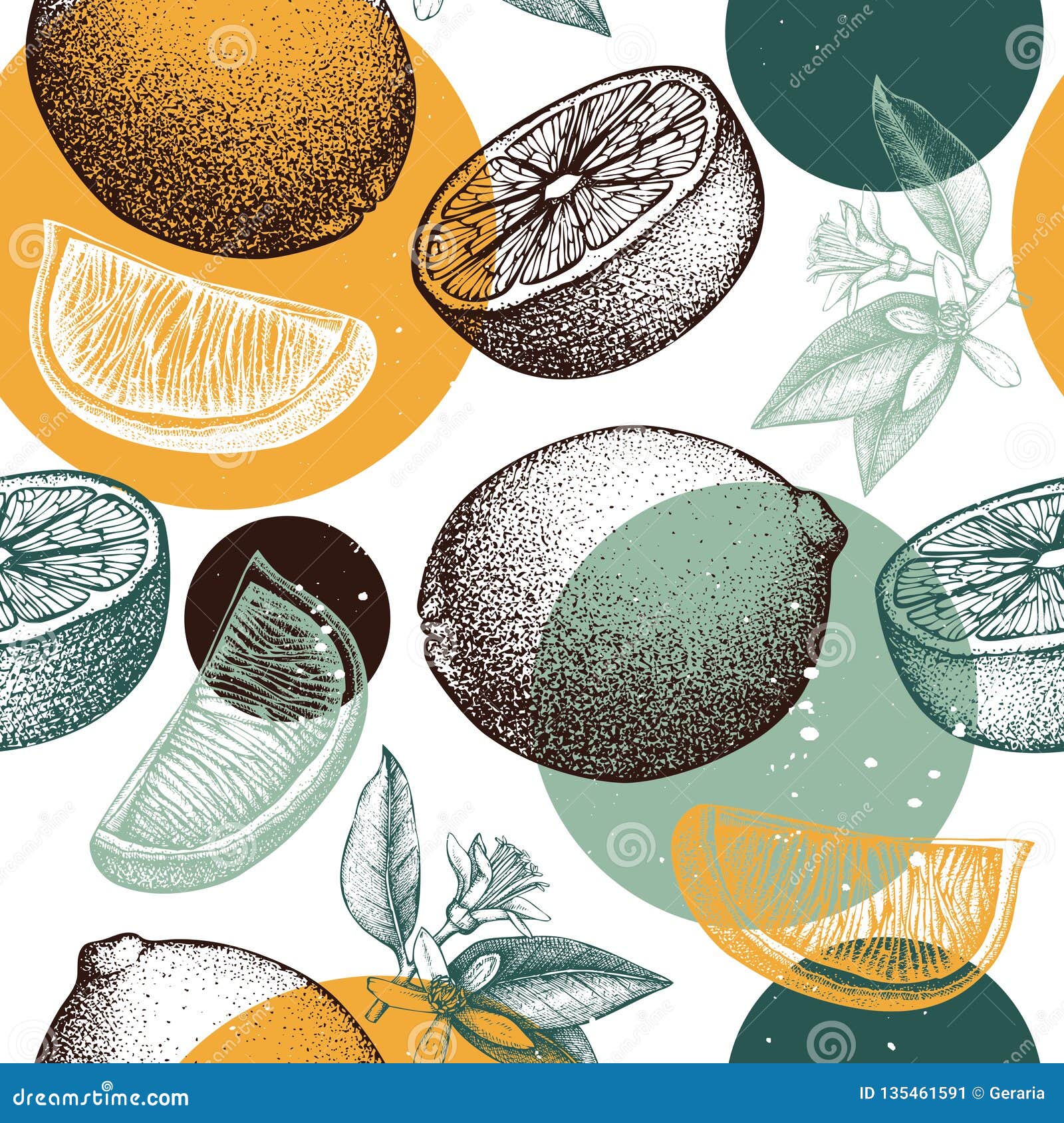 Vector Seamless Pattern with Ink Hand Drawn Orange Fruit, Flowers and ...