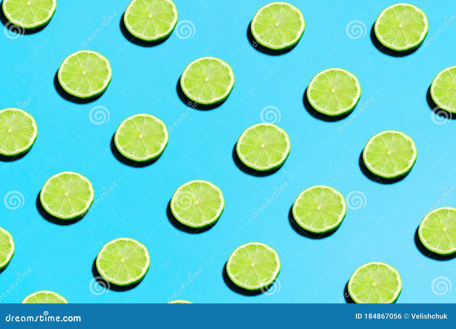 Lime Pattern on Bright Light Blue Background. Minimal Flat Lay Food ...