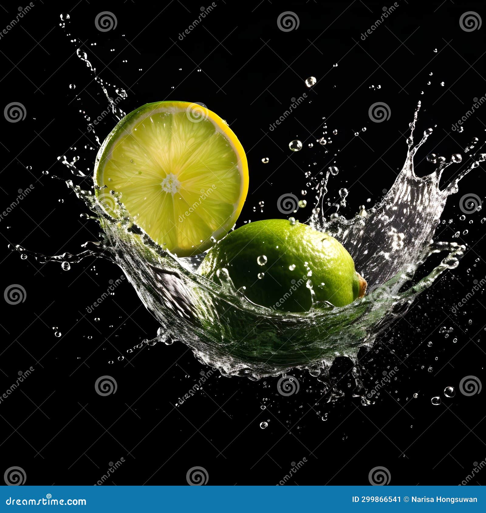 Lime Slice Falls into the Water with Air Bubbles on a Black Background ...