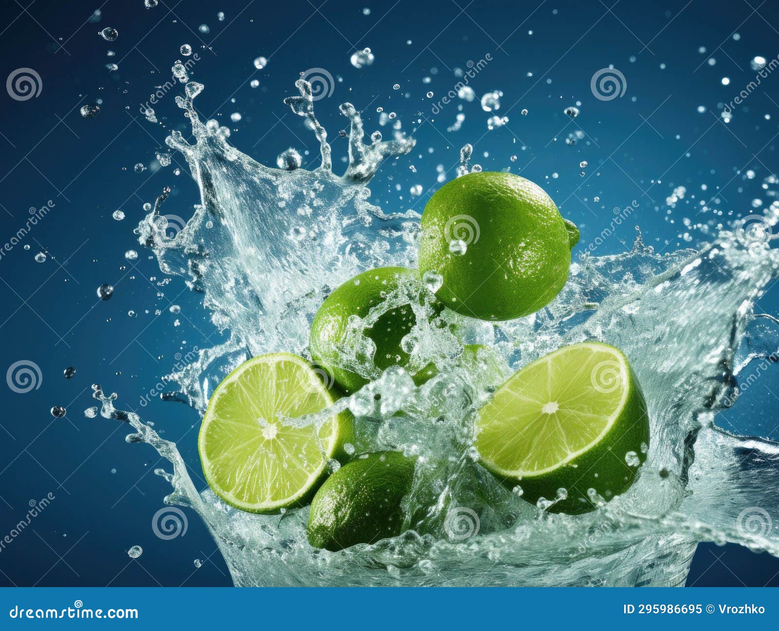 Lime in Water with Splash on Blue Background. Fresh Citrus Fruit Slices ...