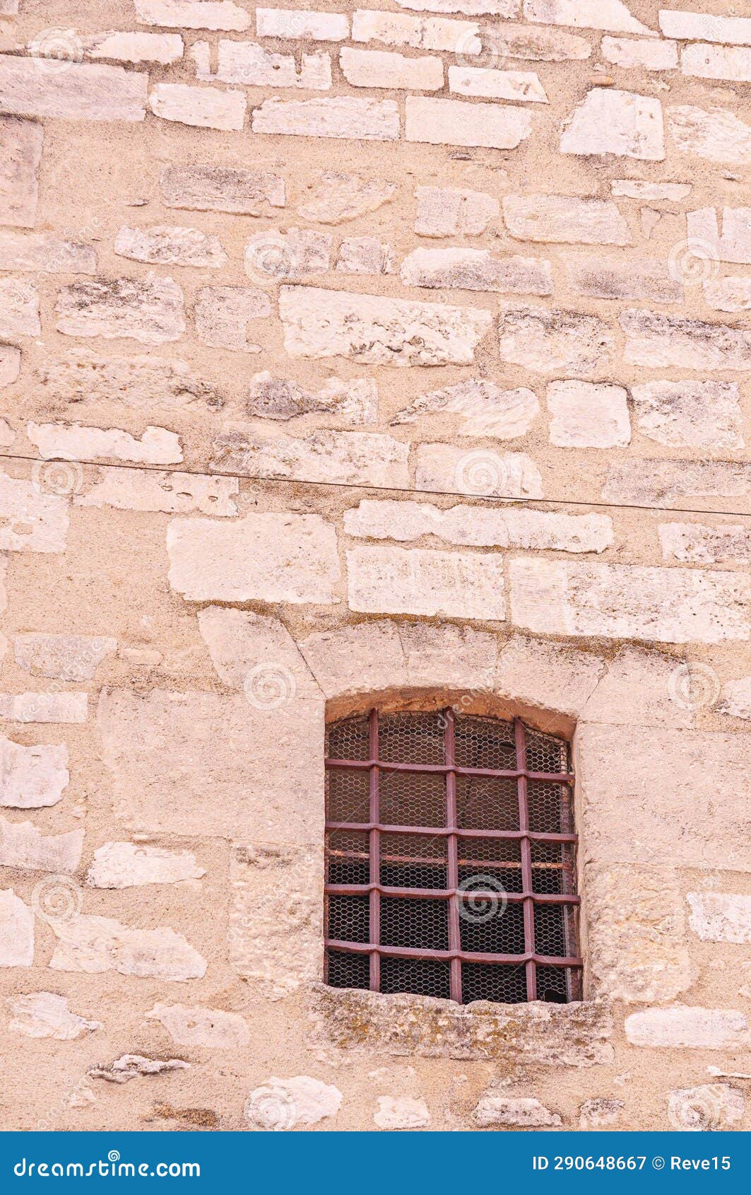 Limestone Block, Prison Wall, with an Iron Bared and Wire Mesh, Window ...