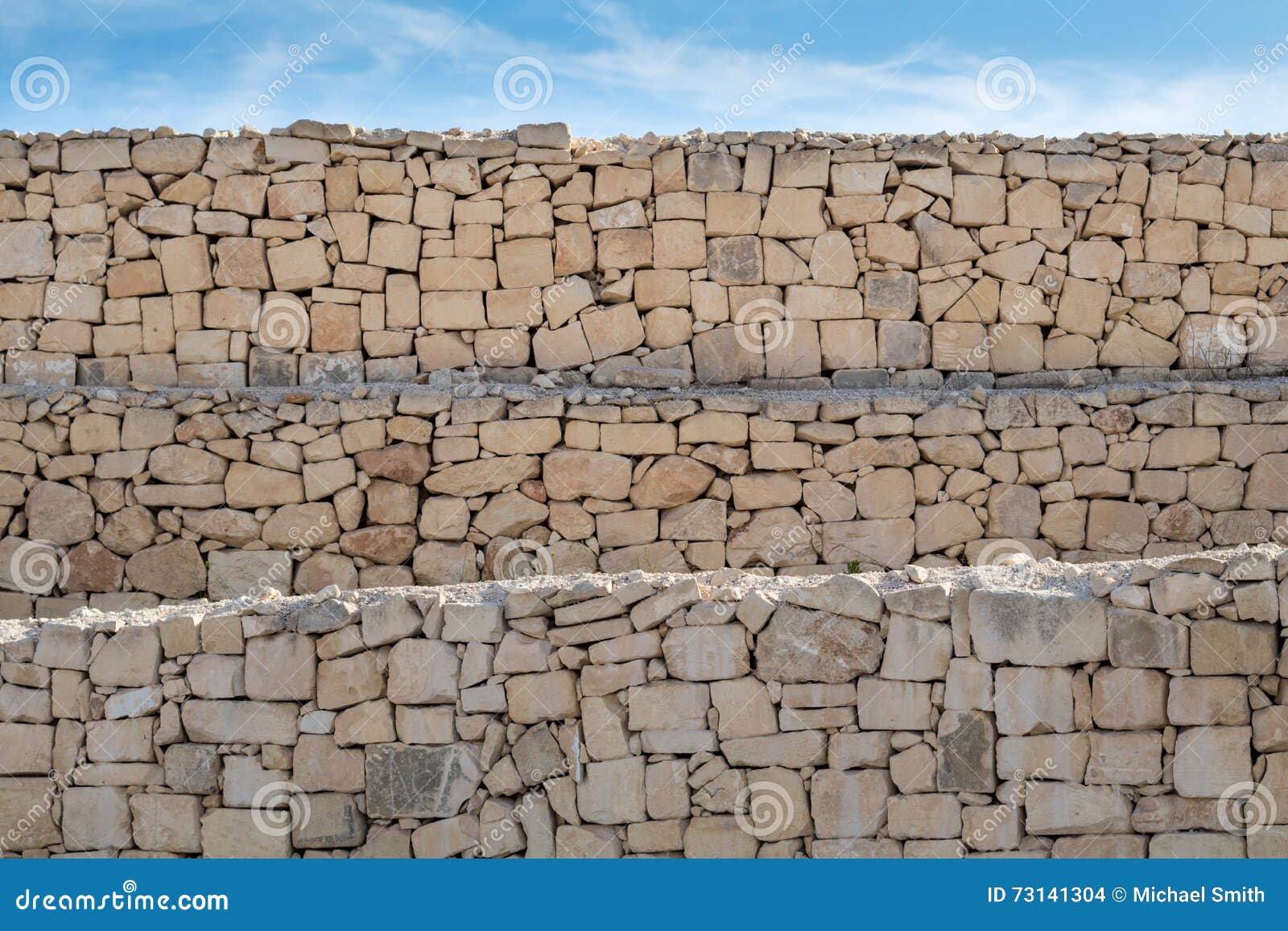 Limestone Layered, Rough Dry Stone Wall, Under a Blue Sky. Stock Photo ...