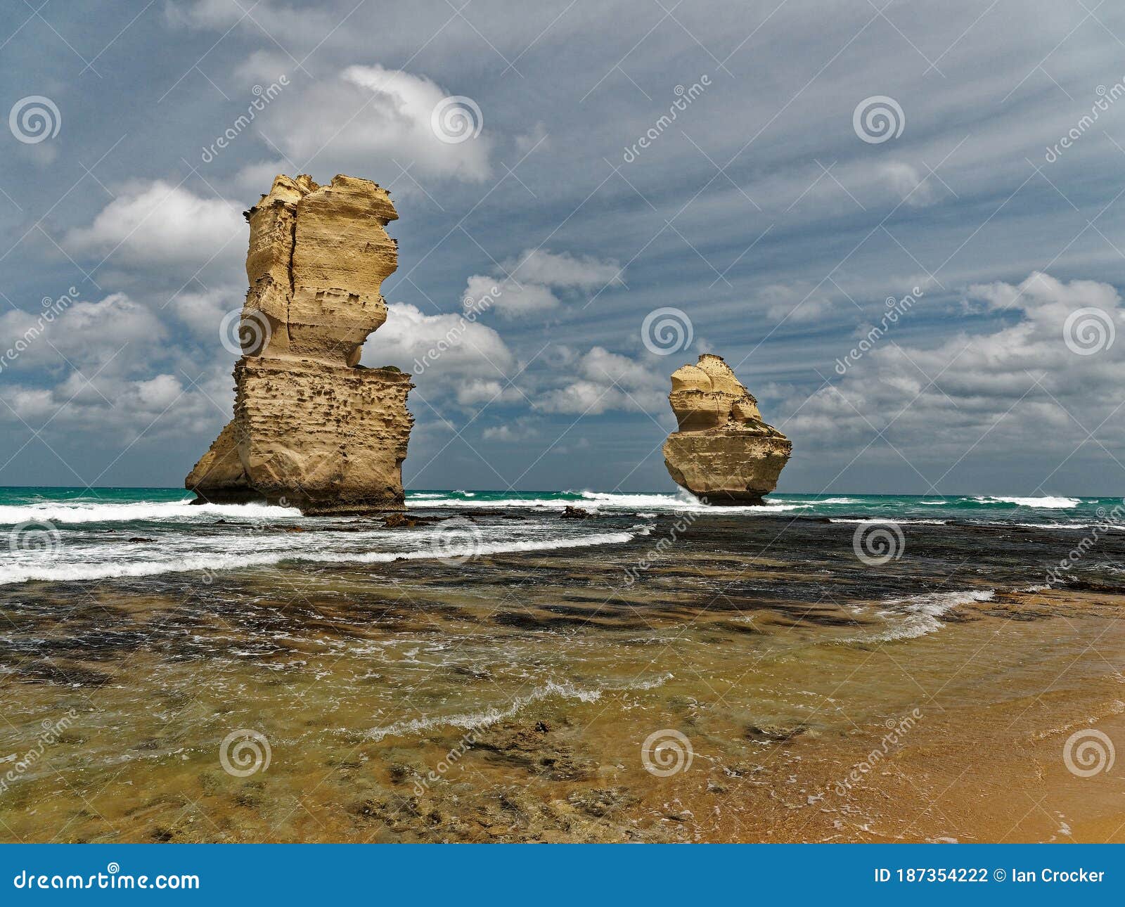 2 Limestone Stacks in Ocean Water at Gibsons Beach Stock Photo - Image ...