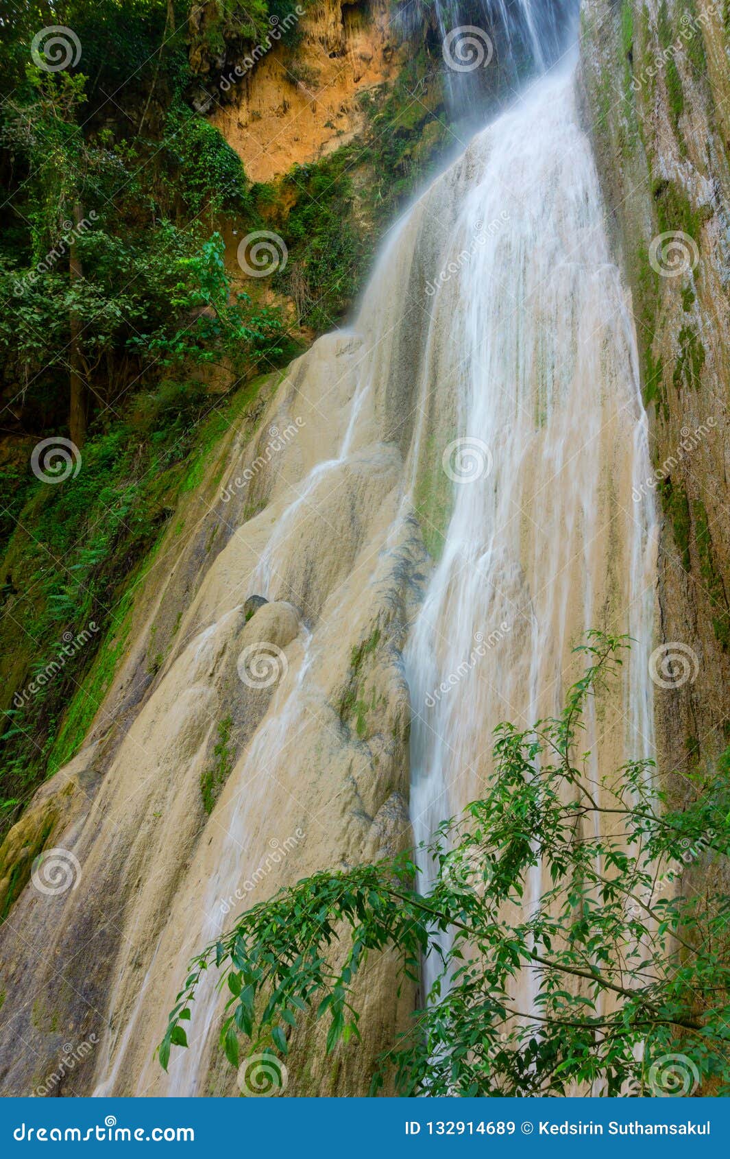 Limestone Waterfall in Green Forest Stock Image - Image of beautiful ...