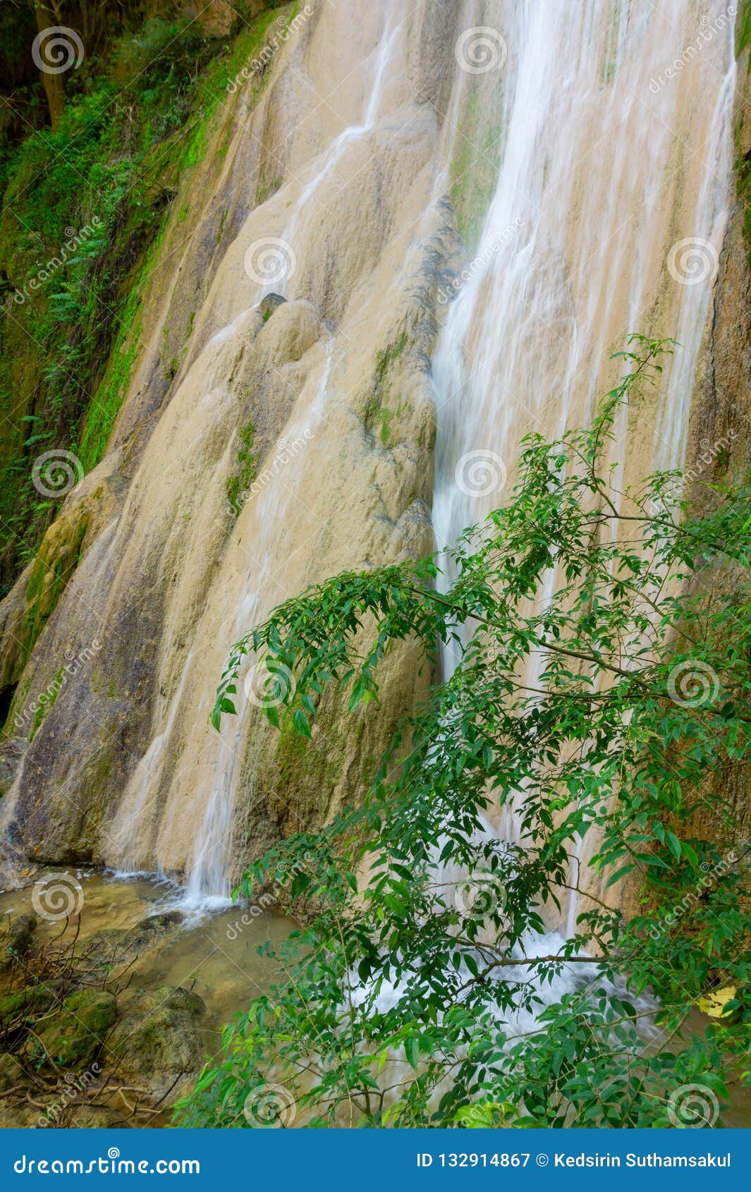 Limestone Waterfall in Green Forest Stock Image - Image of soft ...