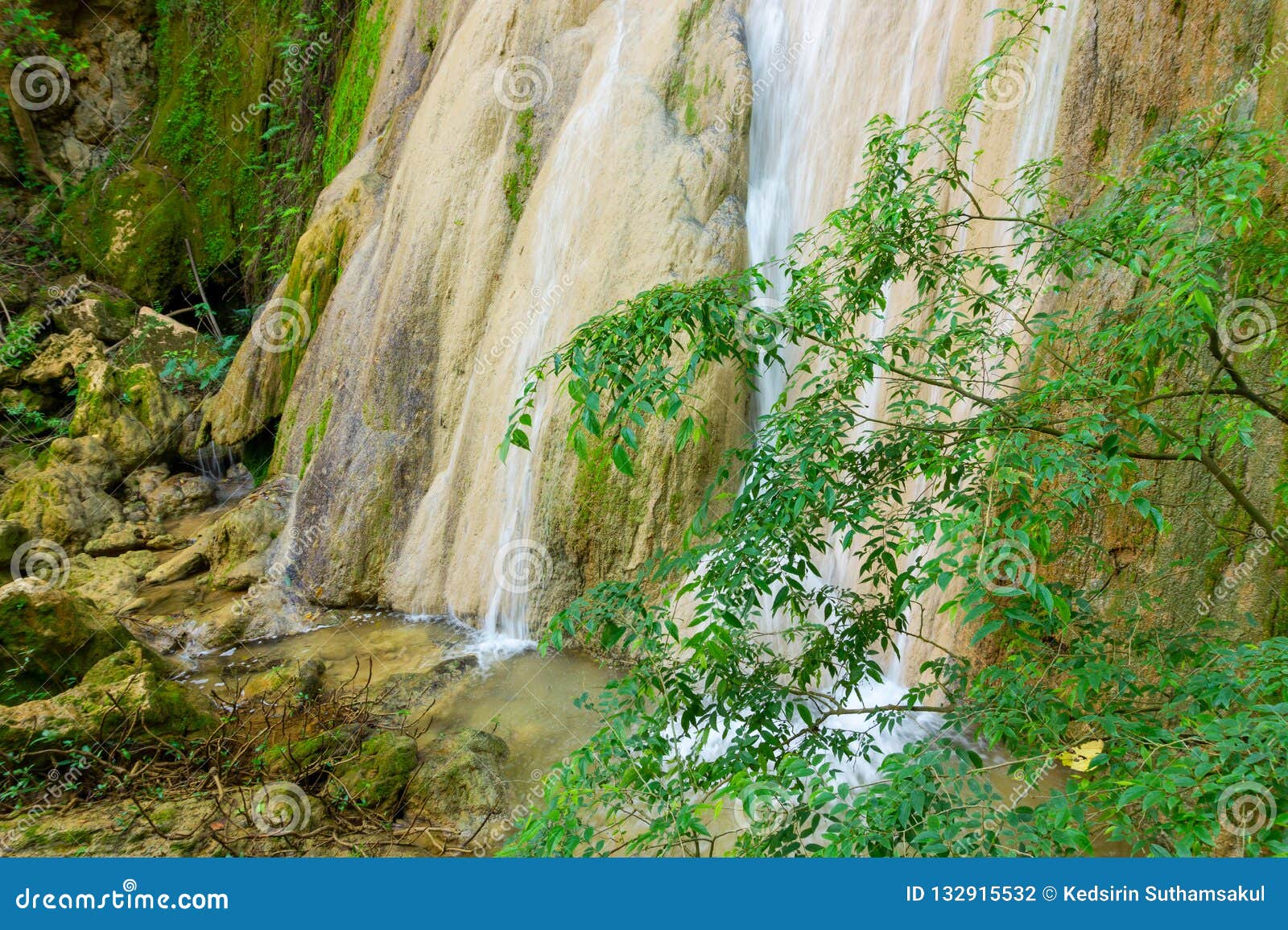 Limestone Waterfall in Green Forest Stock Photo - Image of green ...