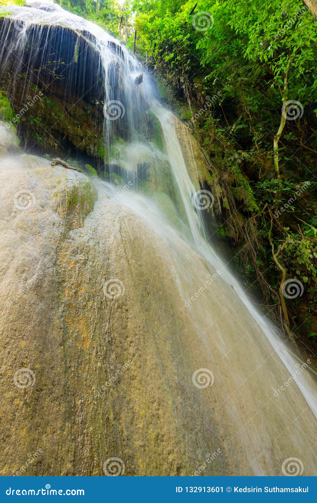 Limestone Waterfall in Green Forest Stock Image - Image of motion ...