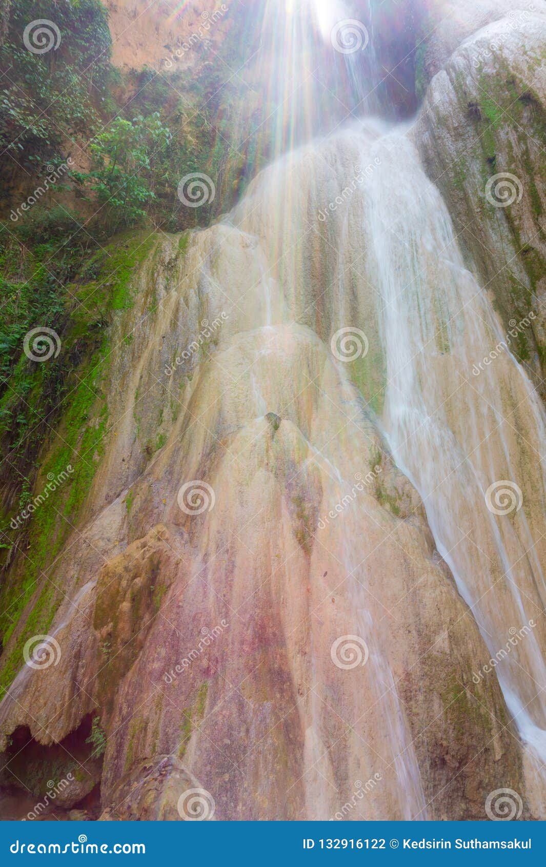 Limestone Waterfall in Green Forest Stock Photo - Image of green ...
