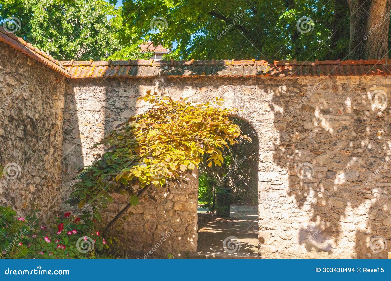 Limestown Wall with Open Arch, All with Red Tile Shingles Cap Stock ...