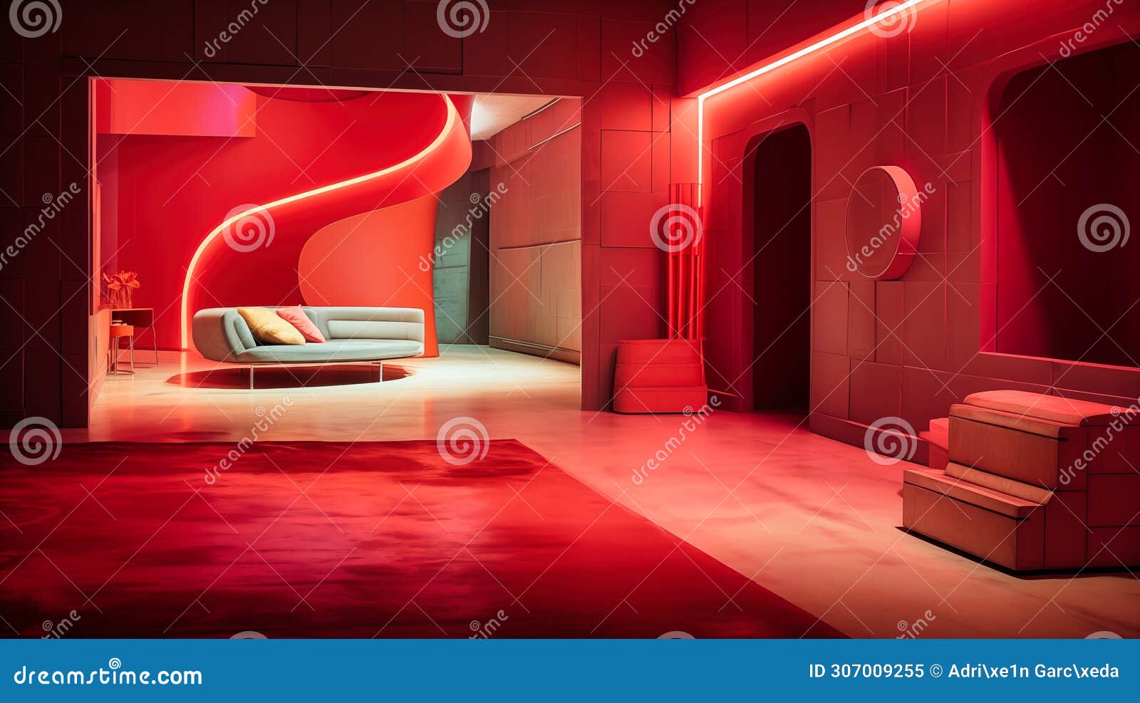 Liminal Space with Red Walls, Carpet and Sofa Stock Illustration ...