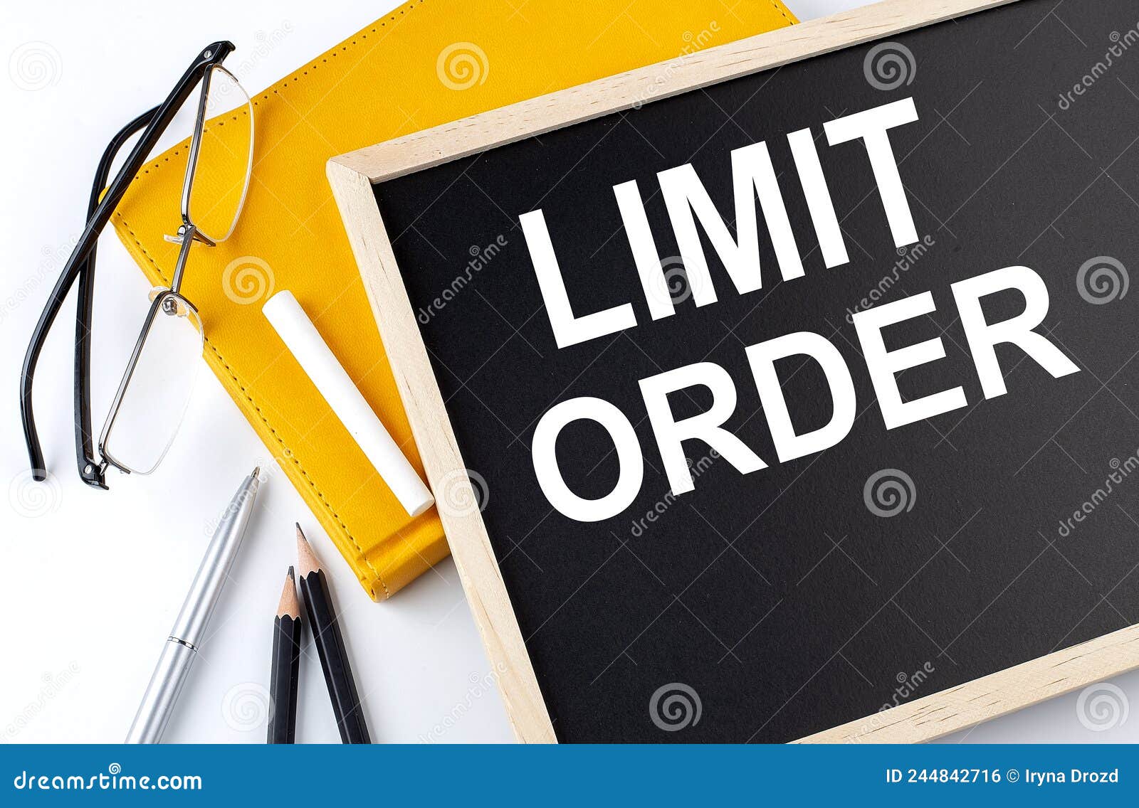 LIMIT ORDER Text on the Blackboard with Notepad , Pen, Pencil Stock ...