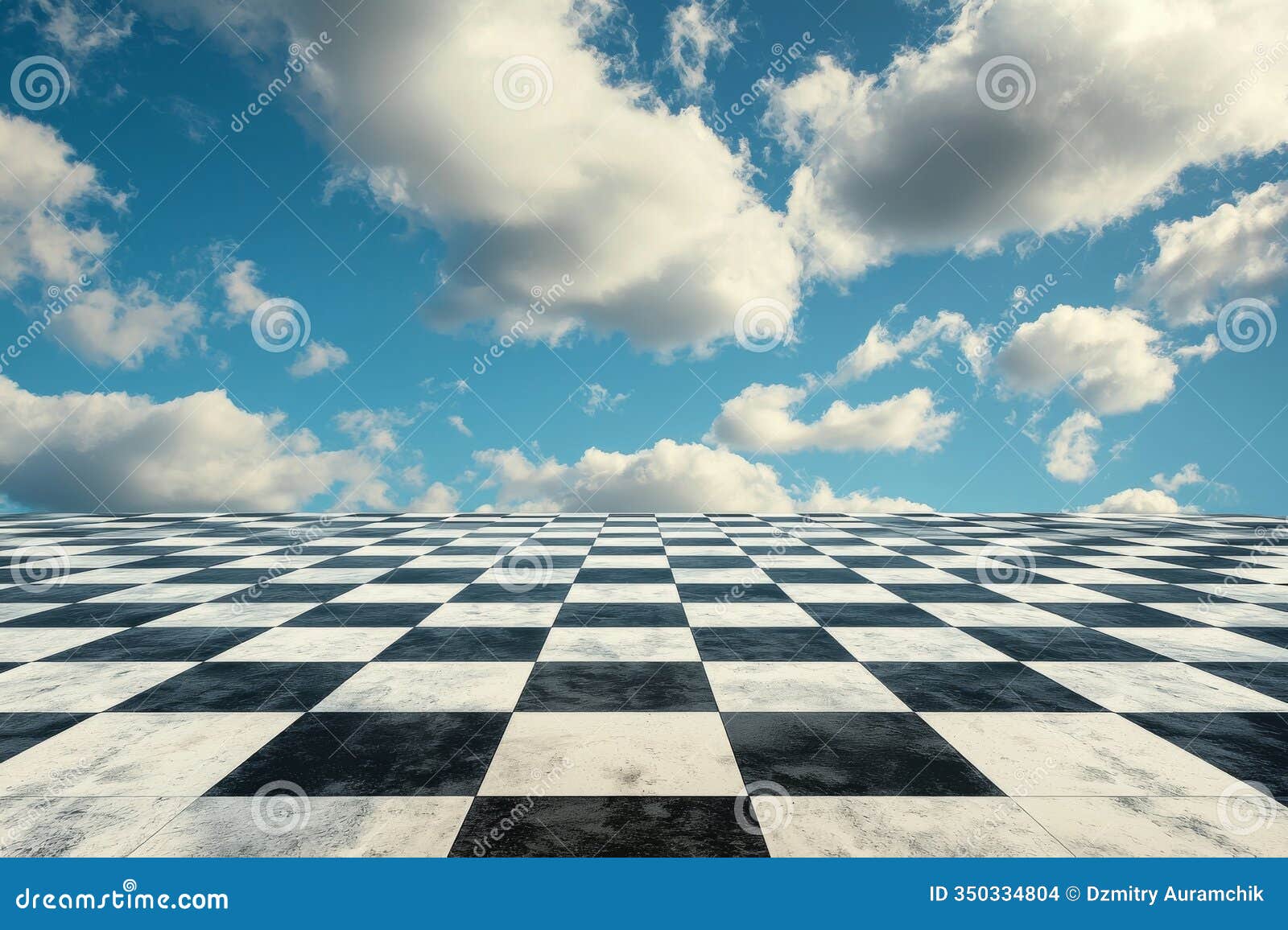 A Limitless and Surreal Checkerboard Floor Under a Blue Sky with Clouds ...