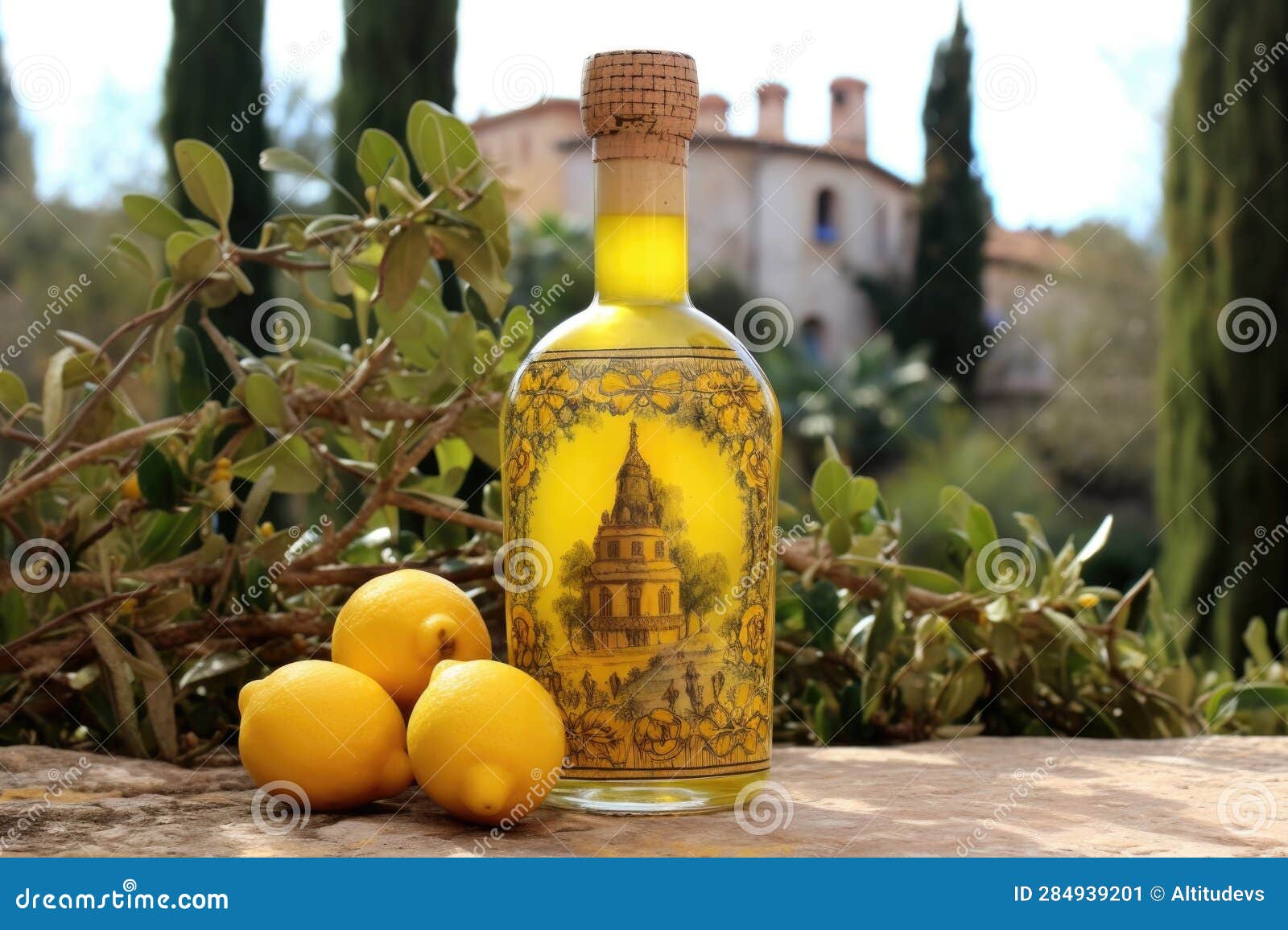 Limoncello Bottle with Cork, Surrounded by Lemon Trees Stock ...